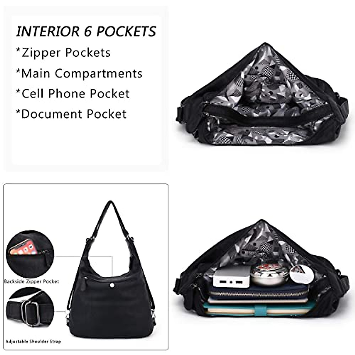 Angel Kiss Purses and Handbags Multi-Pocket Roomy Ladies Shoulder Hobo Bag Satchel Tote Washed Black Leather Purses for Women