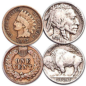 1907 Various Mint Marks GENUINE INDIAN HEAD PENNY + BUFFALO NICKEL! BOTH FOR 1 LOW PRICE! EENT (G-VG), NICKEL (F-VF)