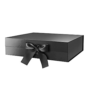 Green Bean Large Gift Box with Ribbon 13x9.7x3.4 Inches, Black Gift Box with Lid Large, Groomsmen Proposal Box, Luxury Gift Box for Present (Glossy Black)