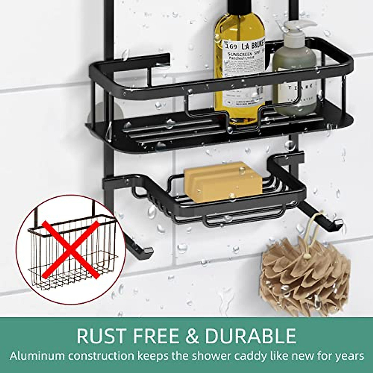 UDENIS Haning Shower Cadddy Bathroom Organizer for Shampoo,Conditioner,Soap,with Hooks for Razors,Towels,Over Shower Head Shelf Aluminum 3Tier black