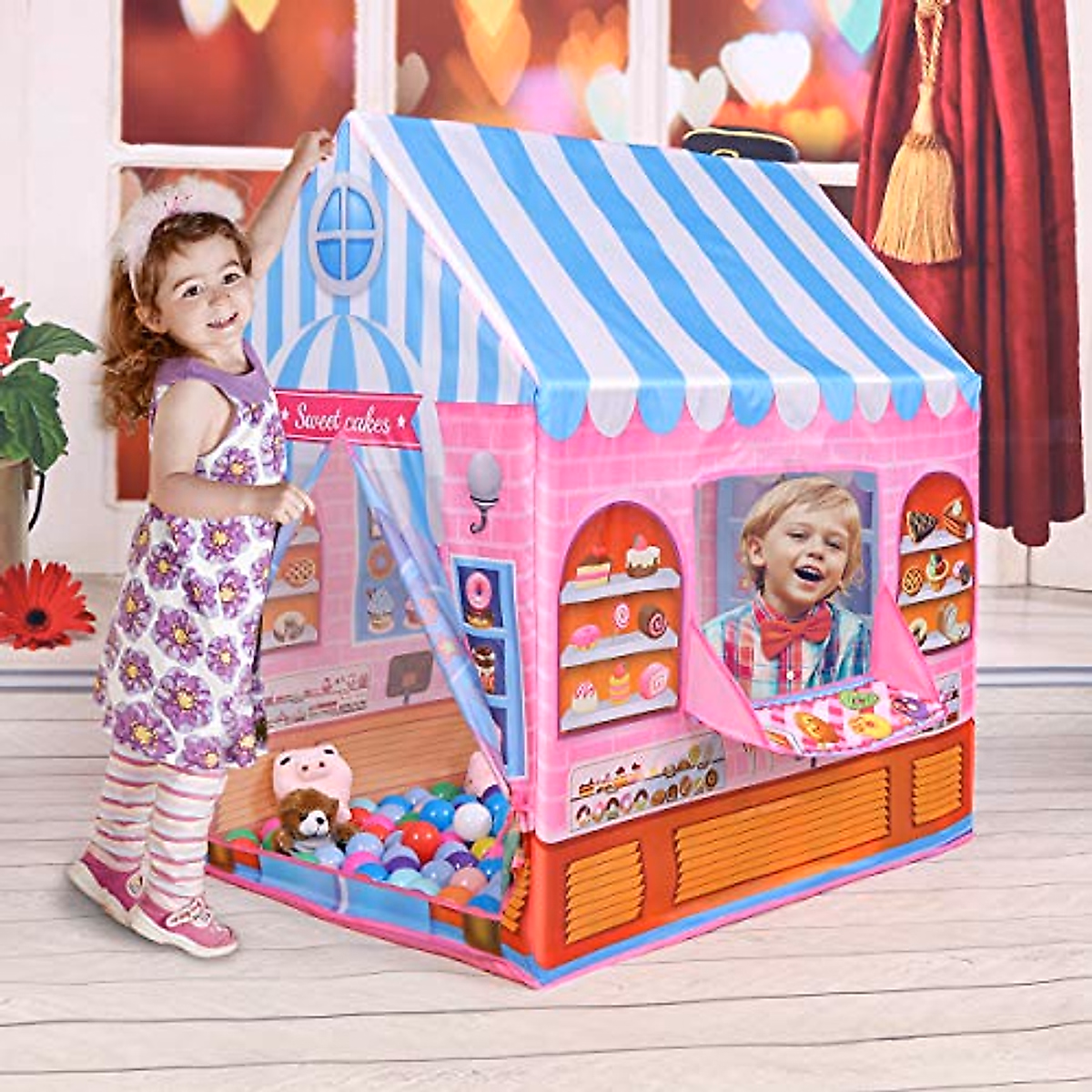 Anyshock Playhouses Kids Outdoor and Indoor Castle Tent Toys with Carrying Case for Over 3 Years Old Children - Pink Candy Princess Tent