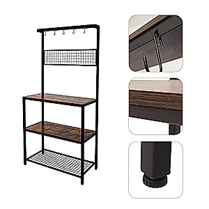 AZL1 Life Concept Industrial Kitchen Rack Cupboard with 10 Hooks, Mesh Panel, 3 Shelves, and Adjustable Feet, for Microwave Oven Cooking Utensils, 33.1 inches, Rustic Brown