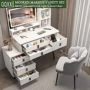 Vanity Desk with Mirror and Lights,Modern Makeup Vanity Set,Adjustable Led & Six Drawers & Five Storage Shelves & Vanity Stool Chair,Large Makeup Desk Dressing Table for Bedroom