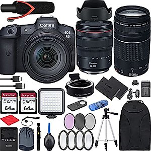 Canon R5 with RF 24-105mm f4 is USM Lens Mirrorless Camera Bundle + EF 75-300 III, EF-EOS R Mount Adapter, V30 Microphone, LED Light, Extra Battery and Accessories(Backpack More), Black, (EOSR5)