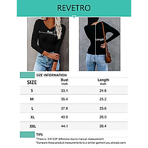 REVETRO Women's Long Sleeve V Neck T Shirt 2024 Fall Ribbed Knit Slim Fitted Casual Solid Color Basic Tee Tunic Tops Black Small…