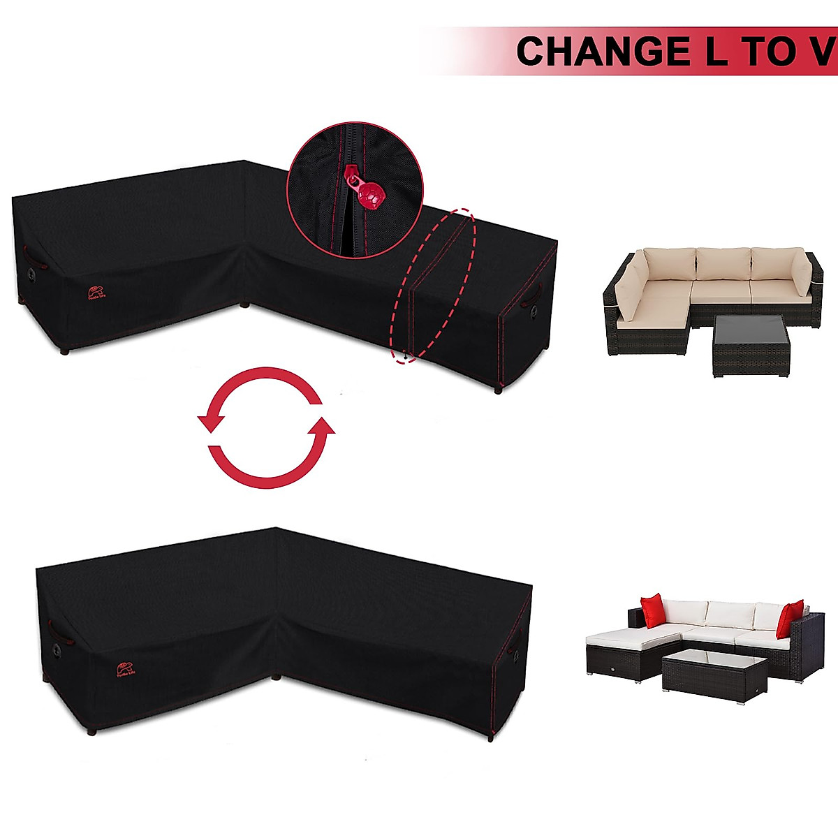 Turtle Life Patio Sectional Sofa Cover, Outdoor Heavy Duty Durable UV Water Resistant Anti-Fading L-Shaped Couch Cover, Black, L-Shaped 90in +118in(Right)