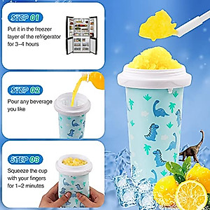 New Cartoon Dinosaur Slushy Cup, Quick Frozen Magic Slushie Maker Cup, Double Layers Slushie Cup with Cup Brush Straw and Spoon, DIY Homemade Squeeze Slushy Maker Cup for Drinks Juices and Milk