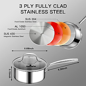 Flamingpan 1.5QT Stainless Steel Saucepan with Glass Lid, Small Pot for Cooking Soups, Sauces, Durable, Rust-Resistant & Non-discoloring Pot with Lid, Sauce Pan & Easy to Clean