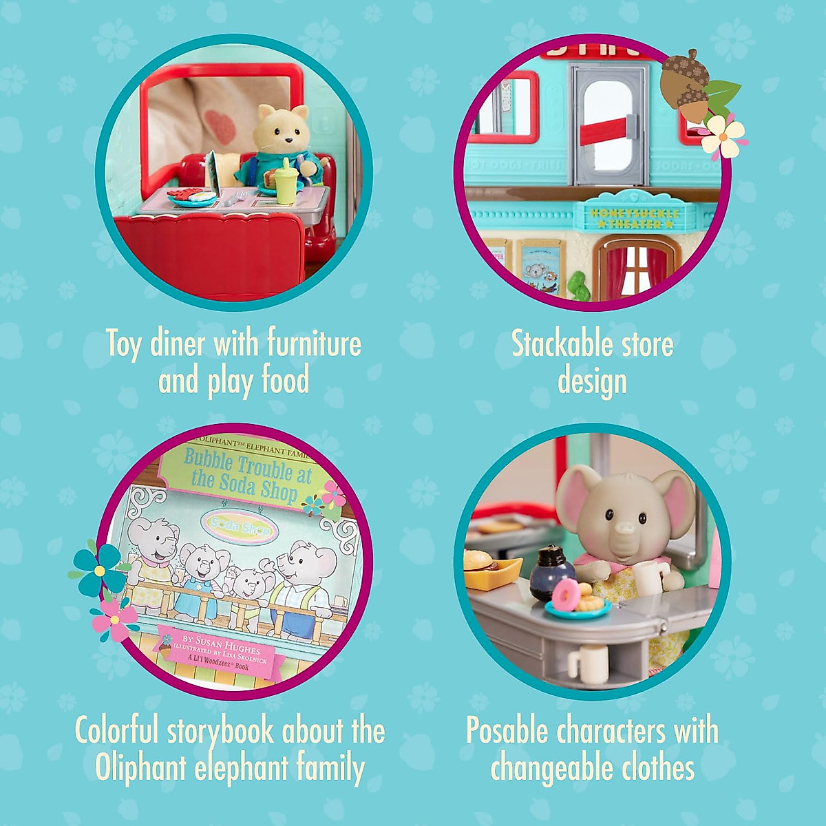 Li'l Woodzeez – Li'l Nibbles Drive Thru Diner – 40Pcs Dollhouse Playset – 2 Posable Doll Figures & 1 Storybook Included – Miniature Food & Accessories – Stackable Playset for Kids 3+