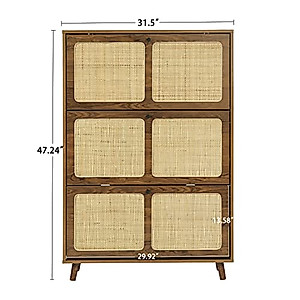 wirrytor 3 Flip Drawers Rattan Shoe Cabinets, 24 Pairs Freestanding Shoe Rack Storage Organizer, Modern Vintage 3 Tier Wood Shoe Storage Cabinet for Entryway Hallway Doorway (Walnut)