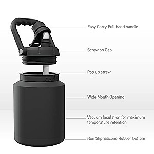 Asobu Mini Stainless Steel Double Walled Vacuum Insulated 33 Ounce Jug With Full Hand Easy Carry Handle and Pop Up Straw (Black)