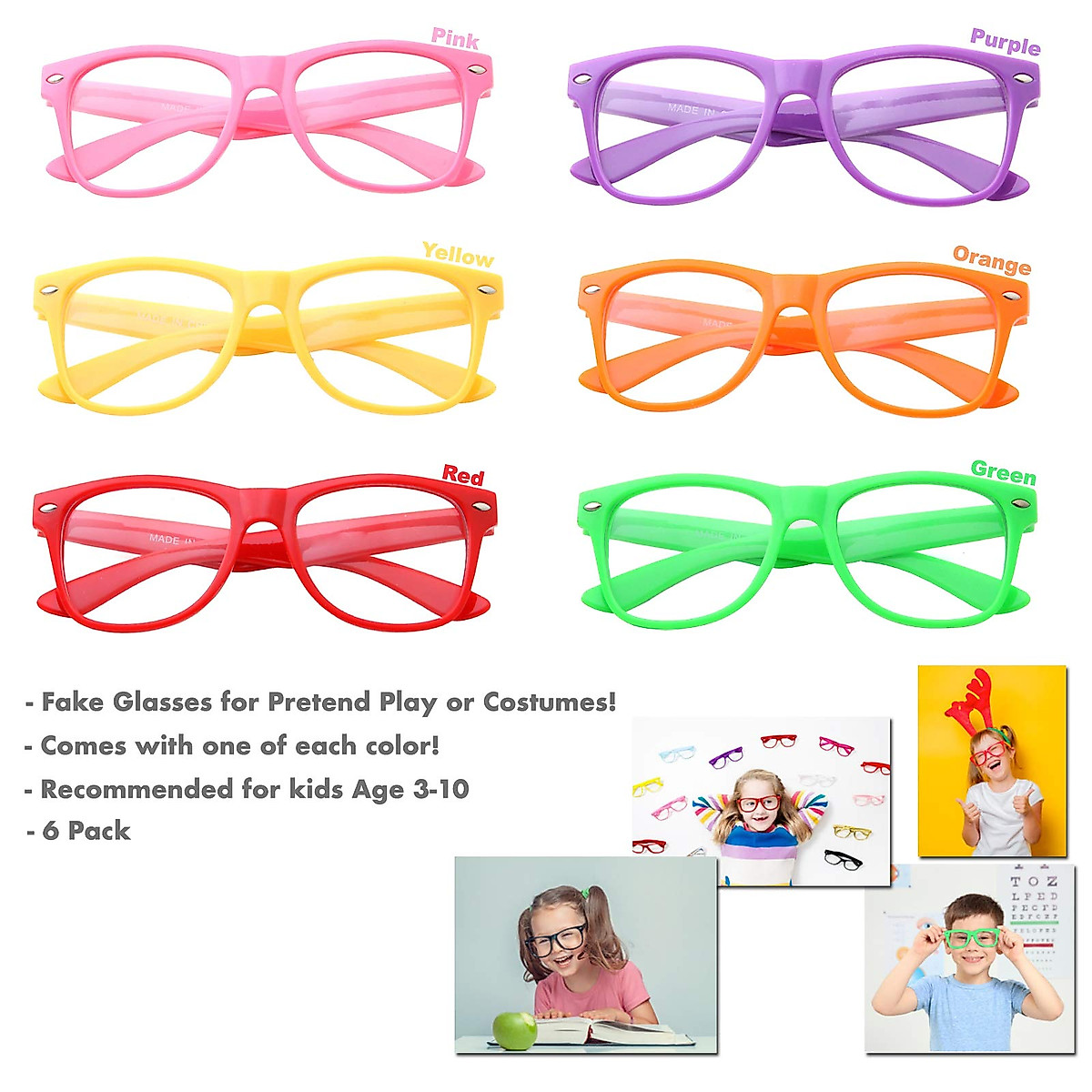 Pack of 6, Kids Nerd Fake Glasses Clear Lens Small Frame Children's (Age 3-10)