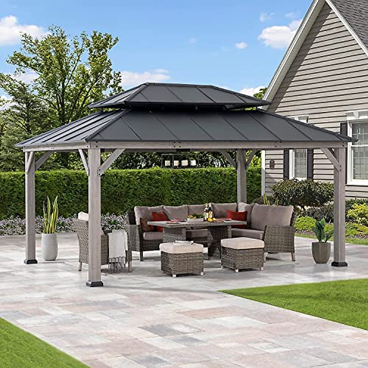 Sunjoy 12 x 16 ft. Wood Gazebo, Outdoor Patio Steel Hardtop Gazebo, Cedar Framed Wooden Gazebo with 2-Tier Metal Roof, Suitable for Patios, Lawn and Backyard, Matte Black Roof + Gray Wood Frame