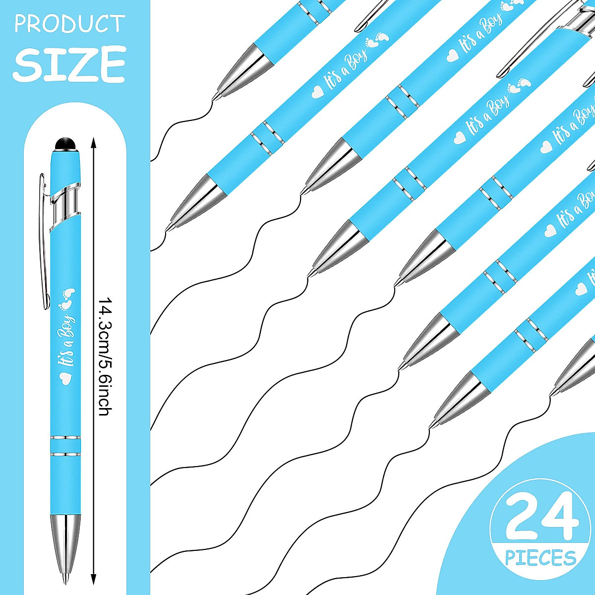 24 Pcs Baby Shower Rose Red Blue Pens It's a Boy/Girl Ballpoint Baby Shower Pens with Stylus Tip Black Ink Retractable Baby Shower Gel Ink Pens for Baby Shower Games Favors Decors (Blue, Boy)