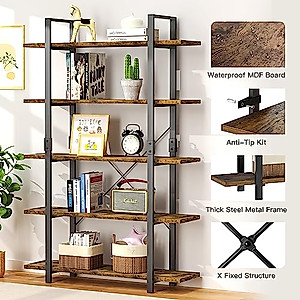 FRAPOW 5 Tier Bookshelf, 68" Large Vintage Book Shelf Rustic Etagere for Home Office Living Room Bedroom Storage