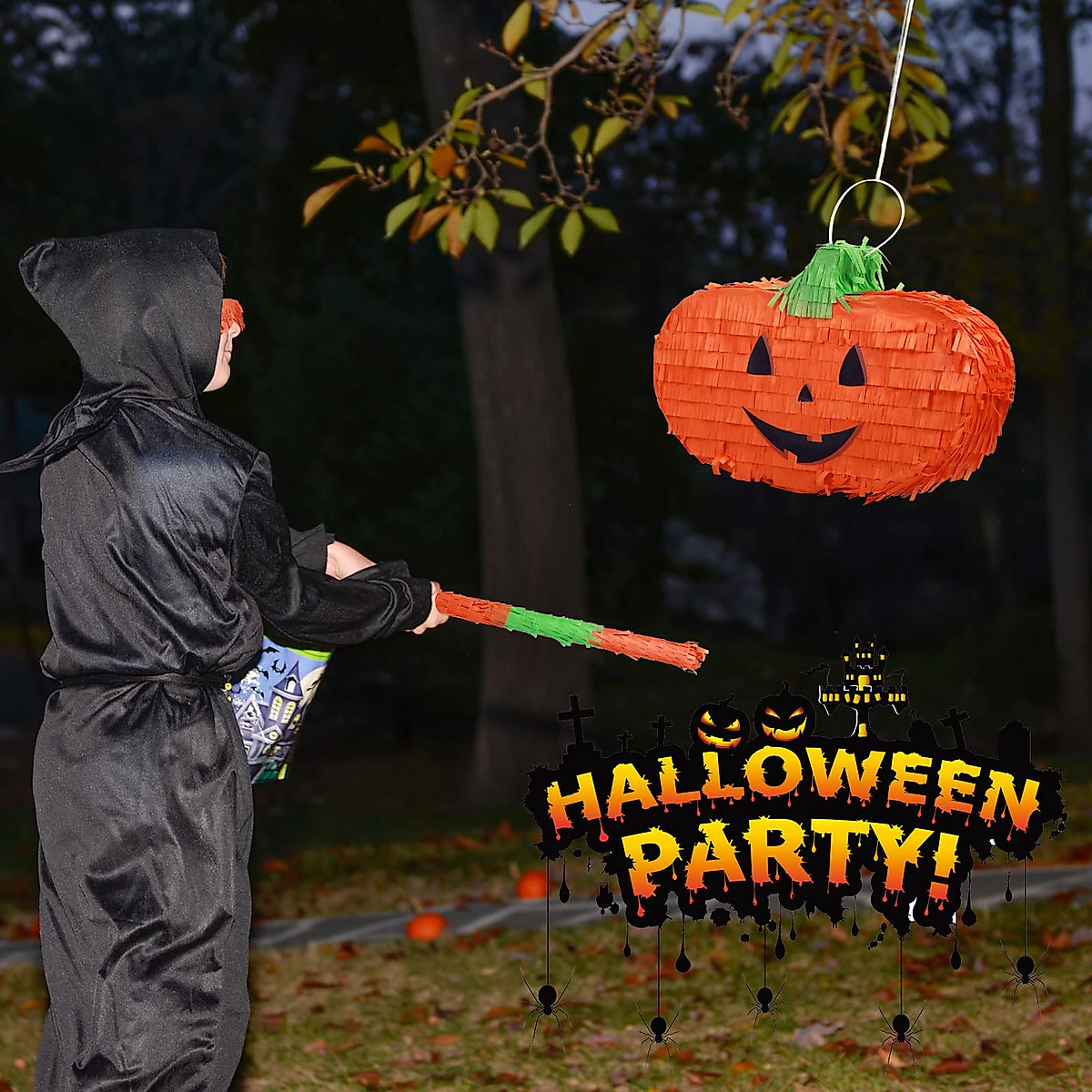 Small Halloween Pumpkin Pinata with Bat and Blindfold for Halloween Party Decorations, Party Supplies, Photo Prop, October Birthday, Funny and Spooky, Fits Candy Favors, 14 x 9 x 2.6 Inches