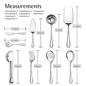 Teivio 18pcs Silver Stainless Steel Large Serving Utensils Set,Include Serving Spoons/Forks/Tongs,Slotted Spoons,Soup Ladles,Butter Knife,Sugar Spoon,Cake Server,Lasagna Server,for Buffet/Chafing Dish