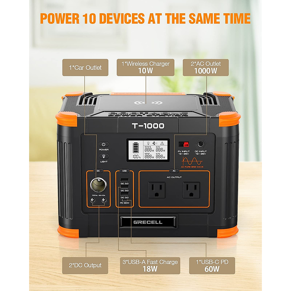Portable Power Station 1000W (Peak 2000W), GRECELL 999Wh Solar Generator with 60W USB-C PD Output, 110V Pure Sine Wave AC Outlet Backup Lithium Battery for Outdoors Camping Travel Hunting Home