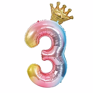 40-Inch Rainbow Gradient Number 3 Crown Balloons Set, 3rd Birthday Decorations, 3rd Birthday Balloons,3th Anniversary decorations. (3)