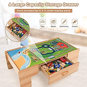 HONEY JOY Train Table, Wooden Kids Activity Table with Storage, 100 Multicolor Pieces, Tracks, Trains, Cars, Toddler Train Table Set with Reversible Tabletop, Gift for Boys Girls Age 3+, Natural