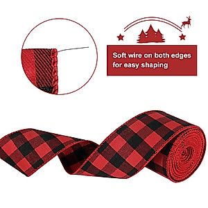 Tenn Well Buffalo Plaid Ribbon, 19.6 Yards 2.5 inch Wired Christmas Ribbon, Red and Black Plaid Ribbon for Bow Making, Gift Wrapping, Wreath Making, Christmas Tree Decoration (2 Roll x 9.8 Yards)