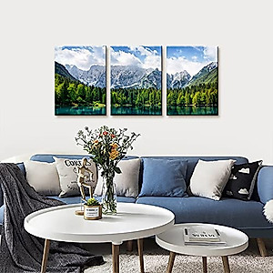 3 Pieces Nature Scenery Wall Art Decor Beautiful Landscape with Turquoise Lake Forest and Mountains Pictures Painting Print on Canvas Modern Artwork Stretched Framed Ready to Hang - 12"x16"x3 Panel
