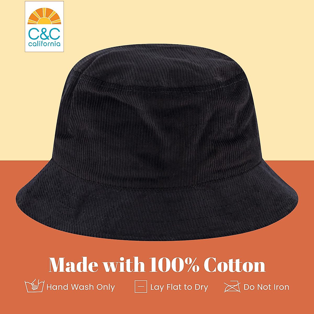 C & C California Bucket Hat, Corduroy Cotton Packable Travel Hat, Wide Brim Summer Hat, Black, One Size