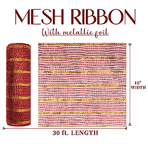 MEEDEE 10 Inch Mesh Ribbon Red and Gold Christmas Deco Mesh Metallic Red Mesh Ribbon with Metallic Gold Stripes 10 Yards Christmas Mesh for Wreaths Christmas Mesh Ribbon for Christmas Tree
