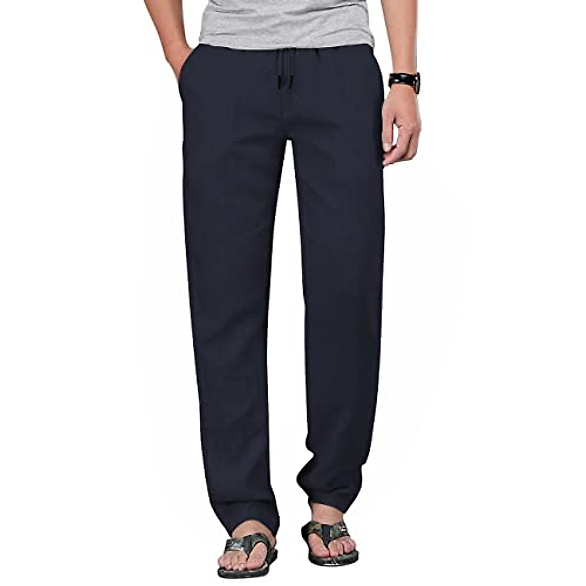 Poriff Mens Relaxed Fit Pants Elastic Waist Cotton Linen Drawstring Pants Navy Blue L
