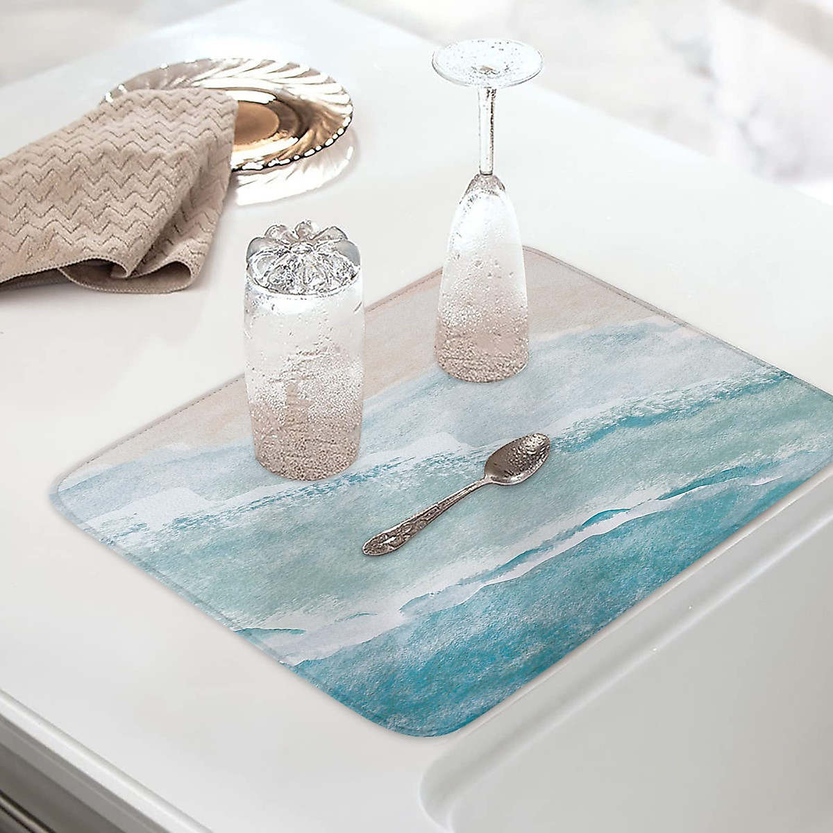 Summer Beach Dish Drying Mat for Kitchen Counter, Aqua Sea Waves Coastal Dish Mat Drying Kitchen Mat, Ocean Nautical Baby Bottle Microfiber Drying Pad, Absorbent Coffee Cup Dishes Drainer Mats 16"x18"