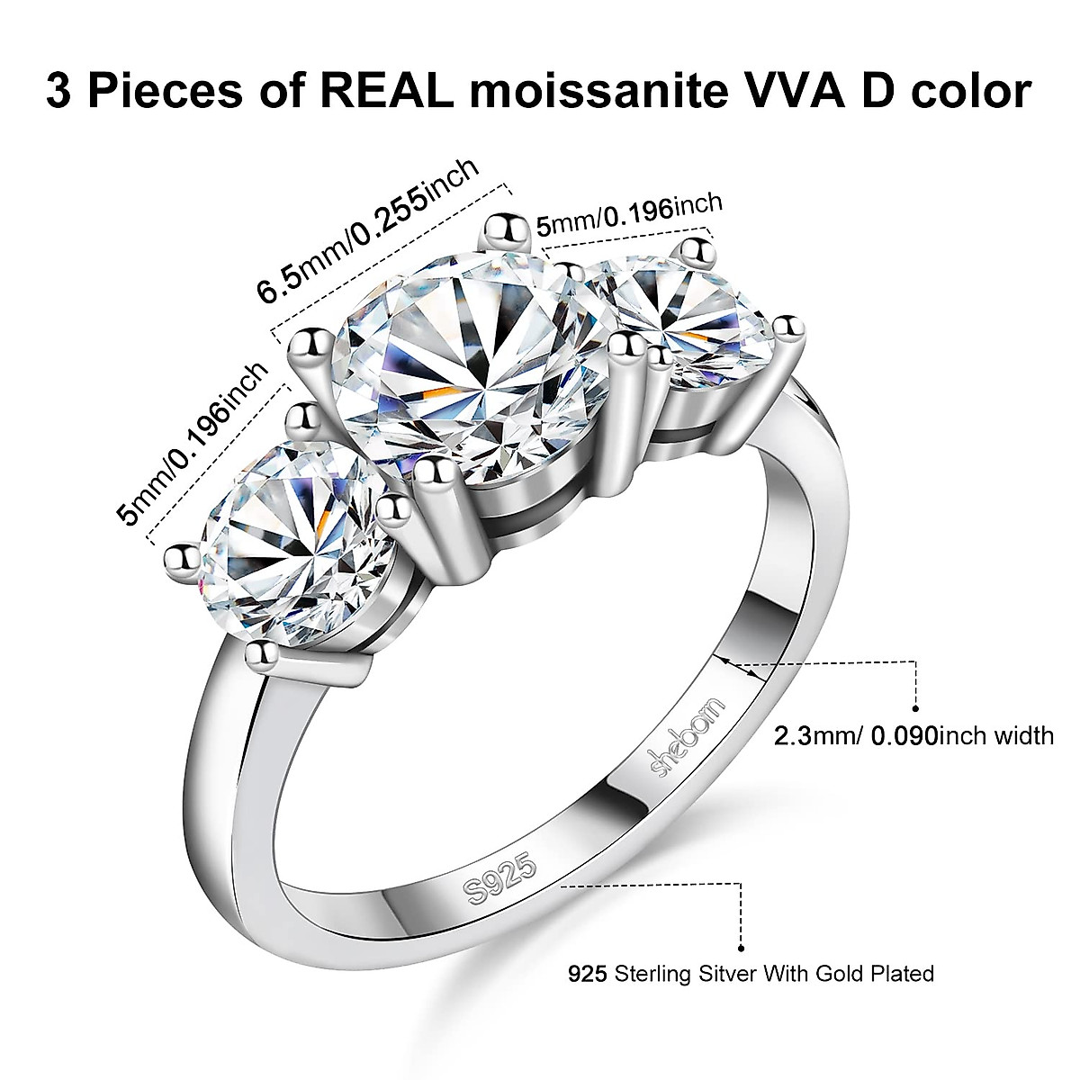 sheborn 2ct Moissanite Rings for Women 3 Stone Wedding Band Travel Engagement Ring 925 Sterling Silver 18K White Gold Plated D Color 2 Carat Anniversary/Wedding/Promise Jewelry for Her