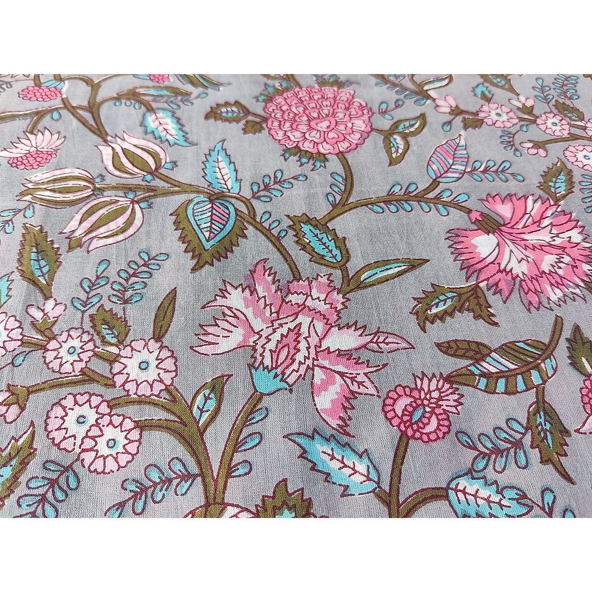 Craftbot Hand Block Print Fabric by The Yard - PRECUT 3 Yards 42 inch Width 100% Cotton Material Grey Floral Pattern Light Weight Indian Cloth for Making Kurti Summer Dress Salwar Kameez, and Pink