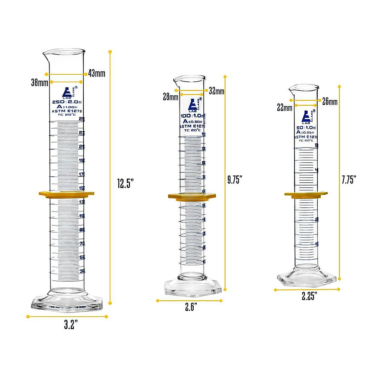 EISCO Premium Graduated Cylinder Set - 50mL, 100mL & 250mL - ASTM, Class A - Protective Collars, Hexagonal Base - Blue Graduations - Borosilicate 3.3 Glass