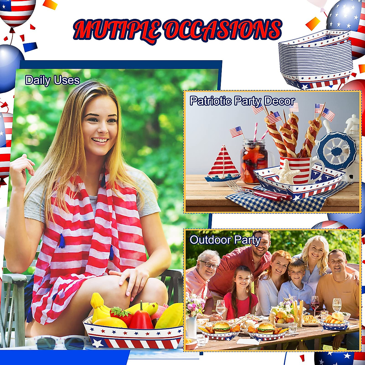 Sieral American Flag Paper Food Tray Independence Day Dinnerware Party Decorations Red White and Blue Paper Hot Dog Trays Patriotic Theme Candy Food Serving Trays for 4 of July Supplies (100 Pcs)
