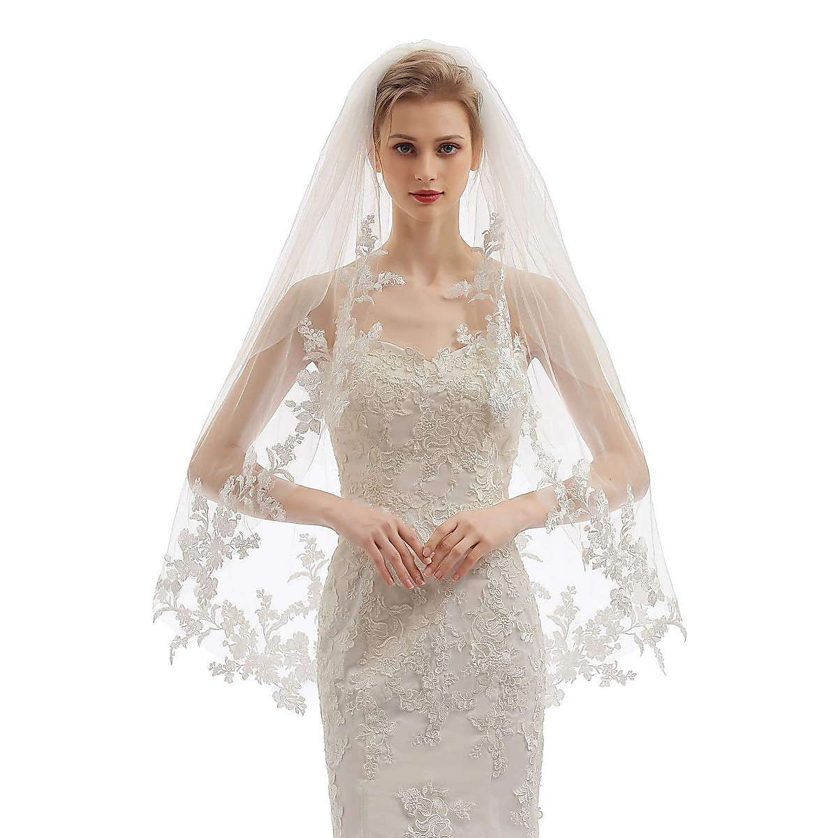 ELAWBTY Womens 2 Tier Fingertip Length Short Lace Wedding Bridal Veil With Comb X07 Ivory