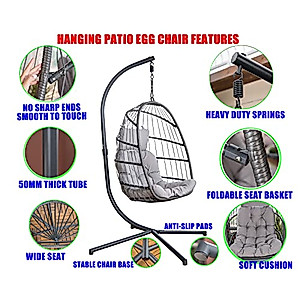 MOJIA Egg Chair with Stand and Oxford Cover, 450lbs Capacity Patio Wicker Hanging Swing Chair Indoor Outdoor with UV Resistant Cushion and Foldable Seat Basket