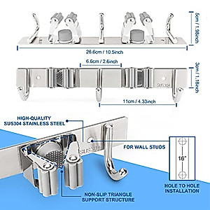 FULGENTE Broom Mop Holder Wall Mount Stainless Steel 304 Storage Organizer Heavy Duty Tools Hanger for Kitchen Bathroom Closet Garage Office Garden with 2 Racks 3 Hooks
