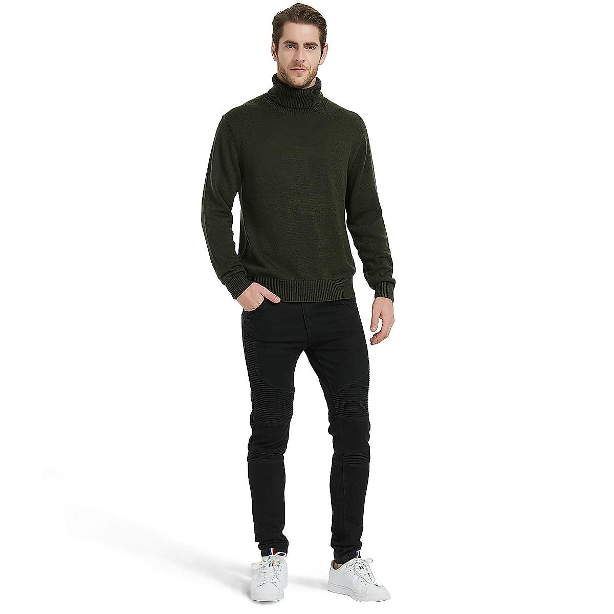 Kallspin Men's Turtle Neck Sweaters Wool Blended Mid-Weight Long Sleeve High Neck Pullover Sweaters(Dark Green,4X-Large)