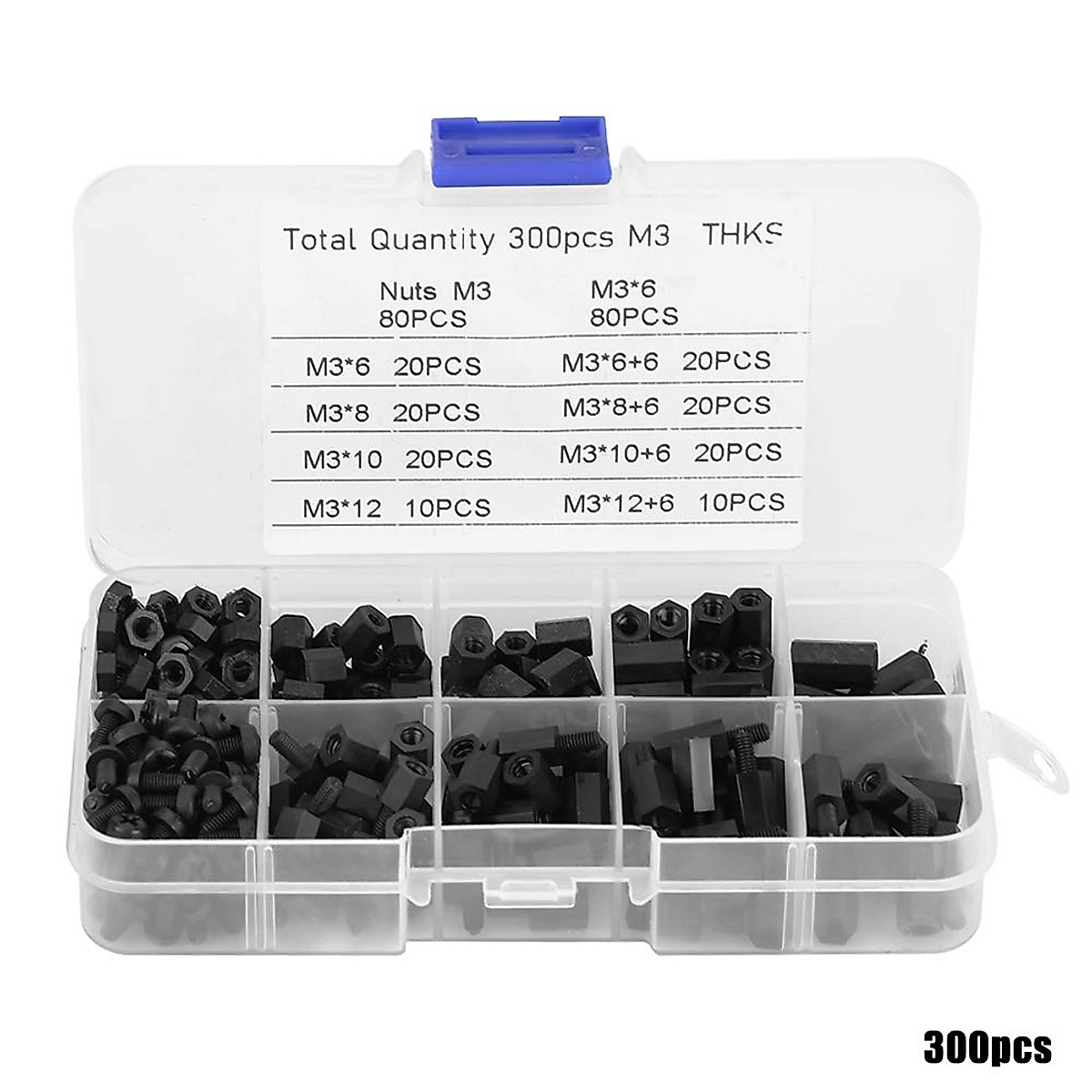 300pcs Black M3 Male Female Standoffs Screws Nuts Assortment Kit with Box Widely Used in Machinery Industry, Electronic Industry, Testing Equipment, Electric Equipment