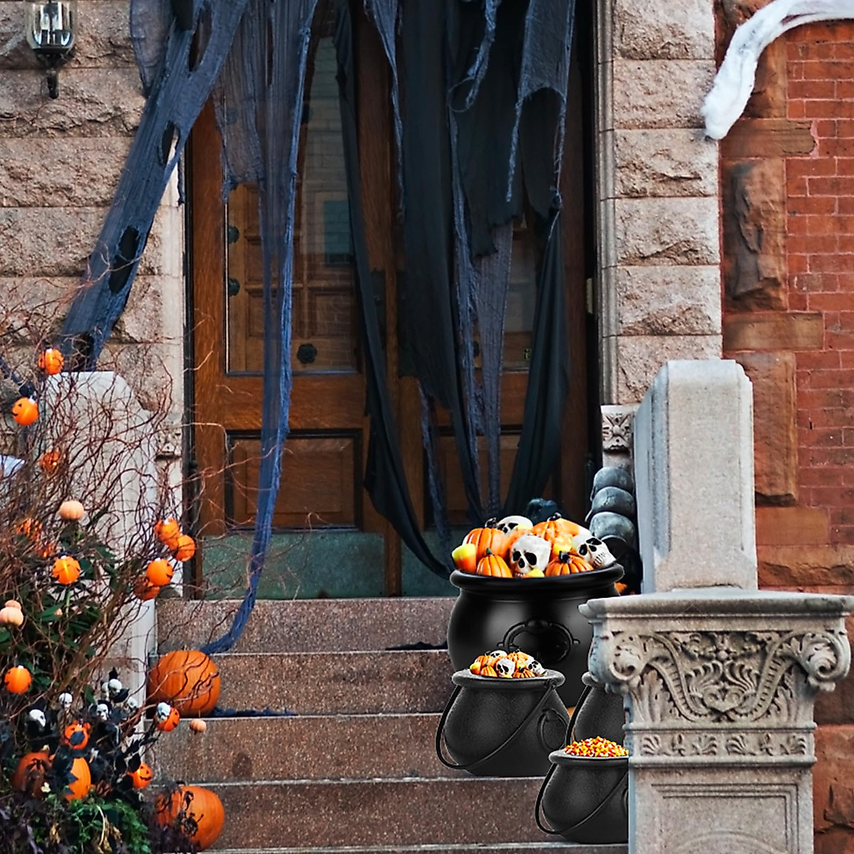 5 in 1(8.5", 5.5", 3pcs 2.8") Package Plastic Cauldron and Black Witches Cauldron,Halloween Decor Black Hanging Cauldron Candy Bucket for Holiday Trick or Treat Party and Patrick’s Day Decor