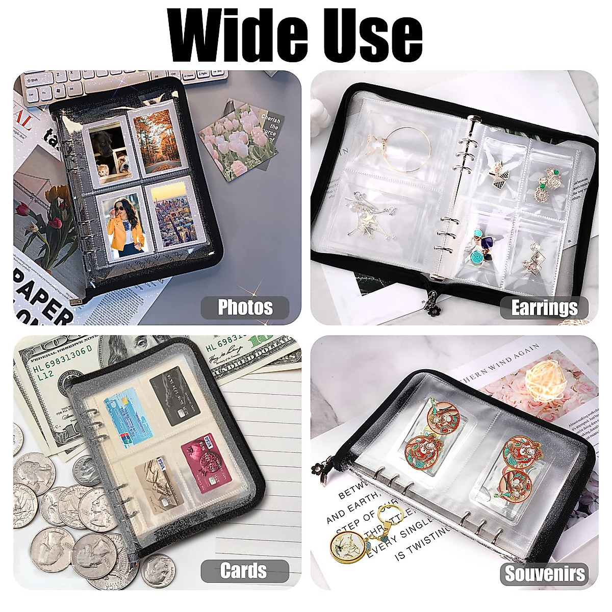 Travel Jewelry Organizer Transparent Jewelry Storage Book Set with Anti-oxidation Pocket Traveling Necklace Earring Organizer for Ring, Bracelets, Postcard (120 Grids +75 Thicken PVC Zipper Bags)