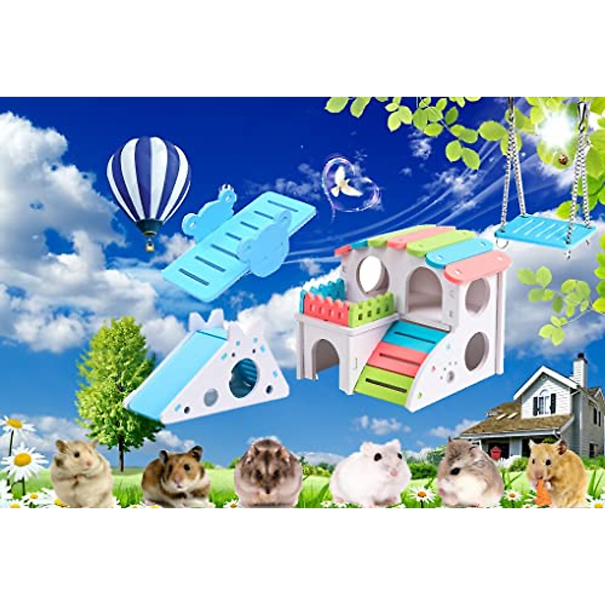 Magnoloran 4 Pack Hamster Toys Set Wooden Hamster House Guinea Pig Hideout Pet Sport Exercise Toys Hamster Cage Accessories Including Hamster Villa, Swing, Seesaw, Ladder for Gerbil Hamster Hedgehog