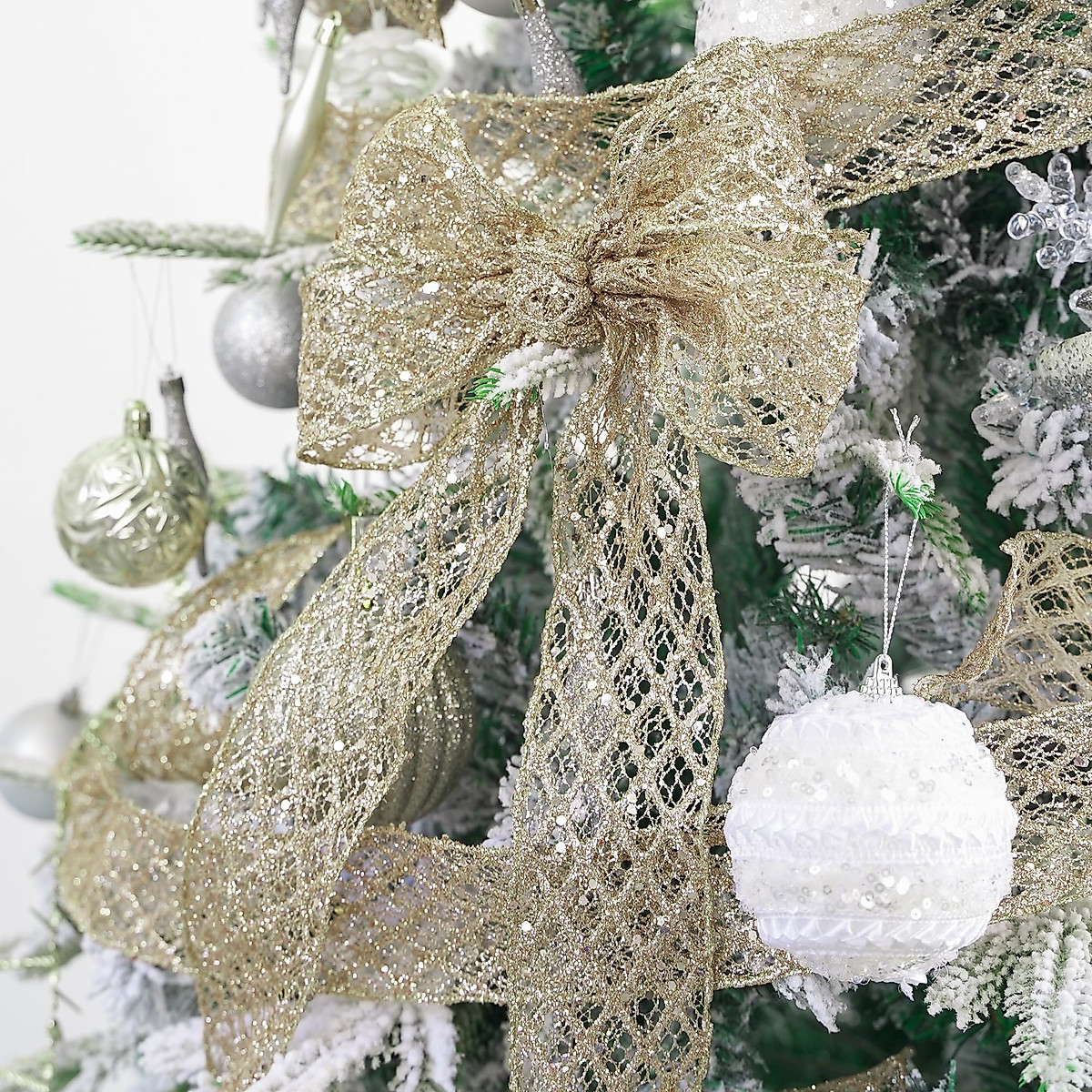 HUIHUANG Champagne Wired Ribbon 2-1/2", Glitter Diamond Wire Edge Ribbon Champagne Gold Christmas Ribbon for Holiday Tree, Bows Making, Wreath Supplies, Garland, Home Decor, Crafts -10 Yards