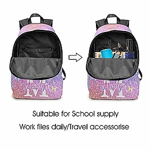 InterestPrint Customized Girls Bookbag with Lunch Bag, Personalized Glitter Butterfly Knapsack Backpack Custom Name Backpack and Lunch Box for Granddaughter Niece