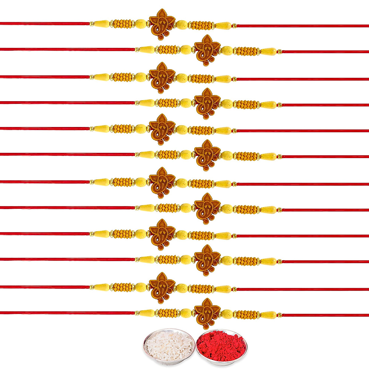CRAFTONE Set of 12 Ganesha Design Rakhi for Brother, Designer Rakhi Set for Raksha Bandhan, Small Beads Rakhi Thread Bhaiya Bhabhi Sister Rakhi Band for Rakshabandhan with Roli Chawal