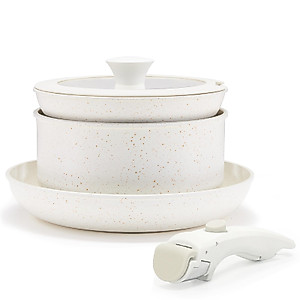 Florosa Ceramic Pots and Pans Set Non Stick with Removable Handle Detachable Handle Pots Pans, 5pcs Nonstick Cookware Set Non Toxic PFAS/PTFE Free White