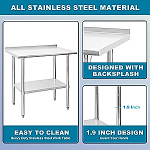 Wrilibo Stainless Steel Table 36 x 24 Inches Prep Table for Commercial Kitchen, Heavy Duty NSF Stainless Steel Work Table with Backsplash, Adjustable Under Shelf for Restaurant, Home and Hotel