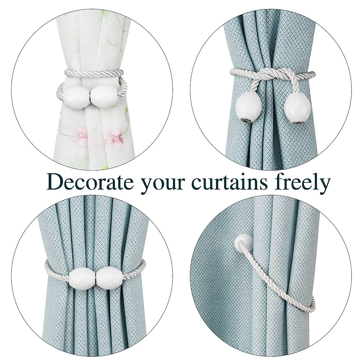 Hangtty 6 Pack Strong Magnetic Curtain Tiebacks Rope Decorative Curtain Tie Backs Magnetic Curtain Holders for Drapes Window Treatment Holdbacks, White