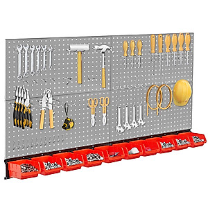 Metal Pegboard Wall Organizer for Garage 28*48in, 59PCS Pegboard Accessories Organizer Kit with Pegboard Bins, Hooks, Peg Locks, Pegboard Storage System for Workbench, Garage, Shop, Shed(Grey)