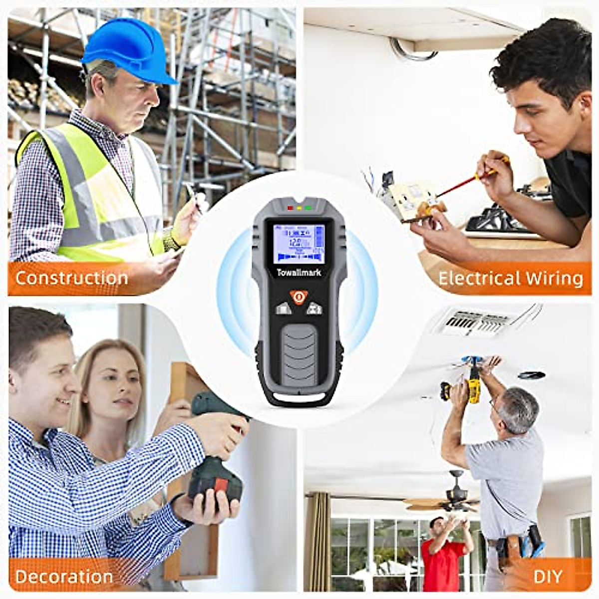 Towallmark Stud Finder Wall Scanner 5 in 1, Electronic Wall Wood Metal Stud Finder, Digital Depth Display in/cm, Positioning Hole for Center & Edge of Wood, AC Wire, Metal Pipe